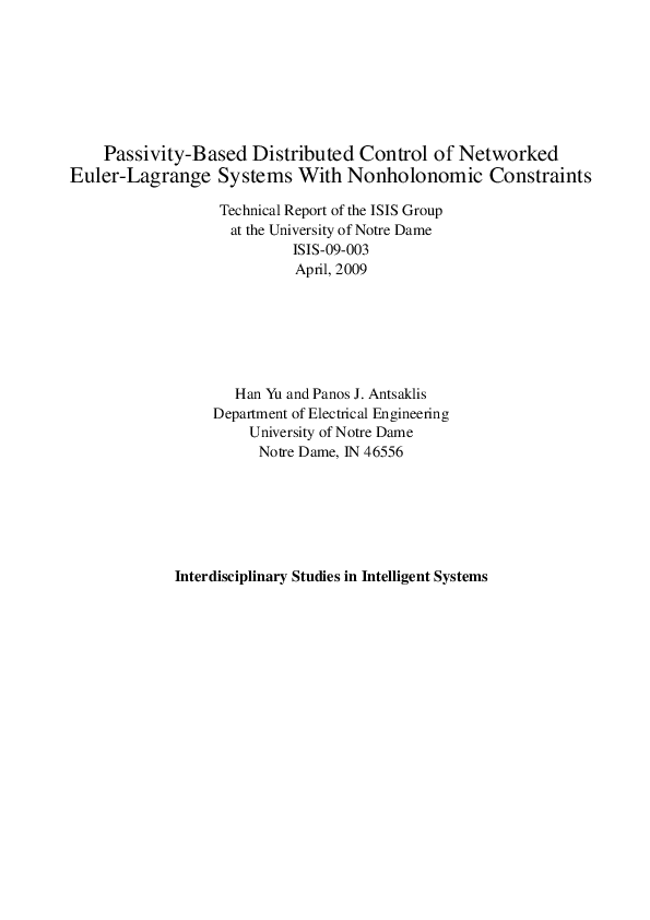 Pdf Passivity Based Distributed Control Of Networked Euler Lagrange Systems With Nonholonomic