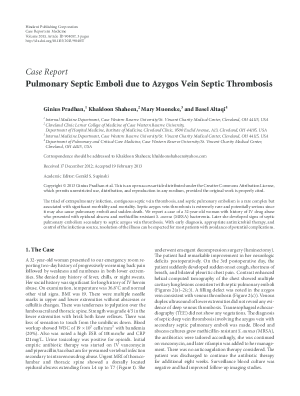 (PDF) Pulmonary Septic Emboli due to Azygos Vein Septic Thrombosis