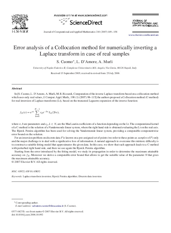 Pdf Error Analysis Of A Collocation Method For Numerically Inverting