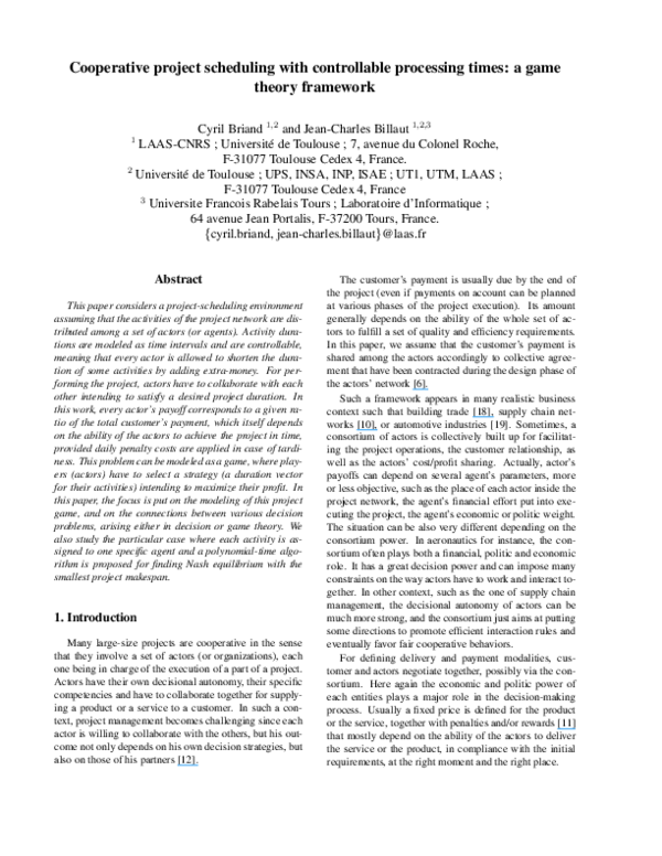 Pdf Cooperative Project Scheduling With Controllable Processing Times A Game Theory Framework