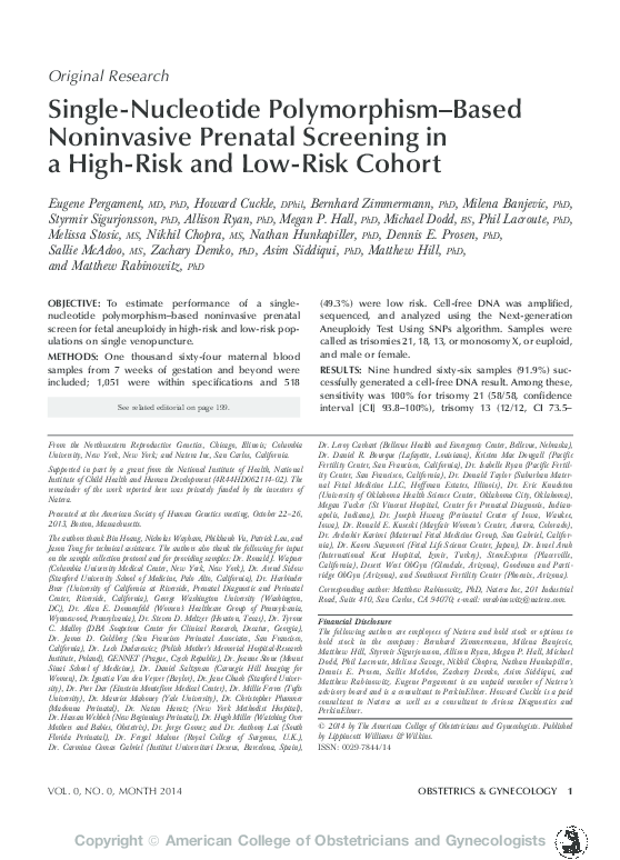 (PDF) Single-Nucleotide Polymorphism-Based Noninvasive Prenatal Screening in a High-Risk and Low ...