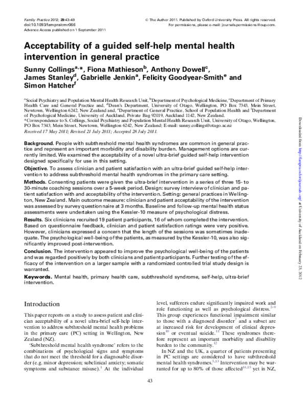 (PDF) Acceptability of a guided self-help mental health intervention in general practice | Fiona ...