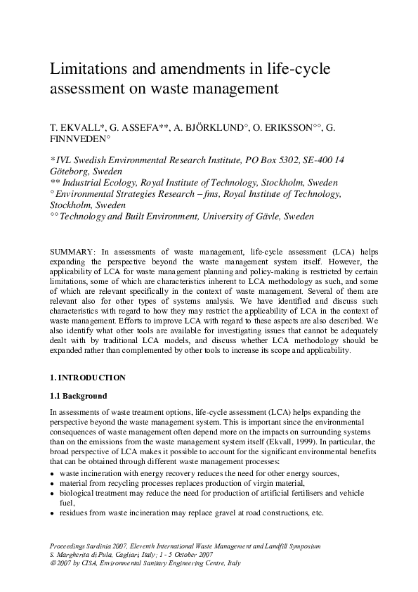 (PDF) Limitations and amendments in life-cycle assessment on waste ...