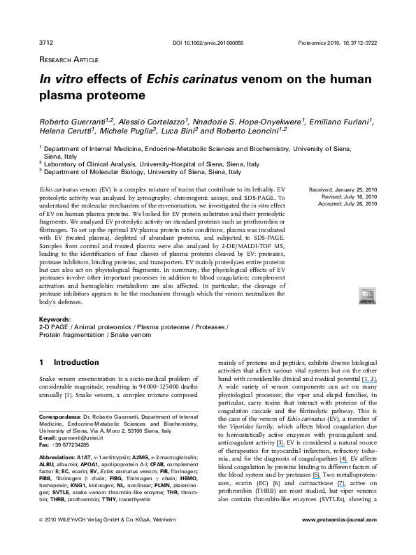 (PDF) In vitro effects of Echis carinatus venom on the human plasma proteome