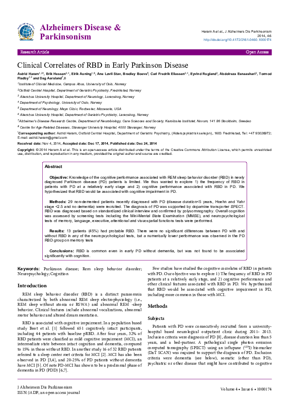 (PDF) Clinical Correlates of RBD in Early Parkinson Disease