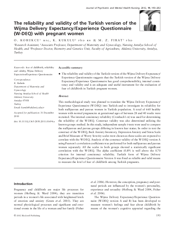 (PDF) The reliability and validity of the Turkish version of the Wijma Delivery Expectancy ...