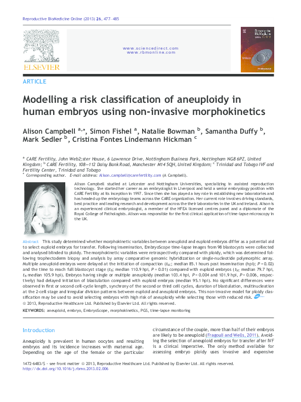 (PDF) Modelling a risk classification of aneuploidy in human embryos using non-invasive ...