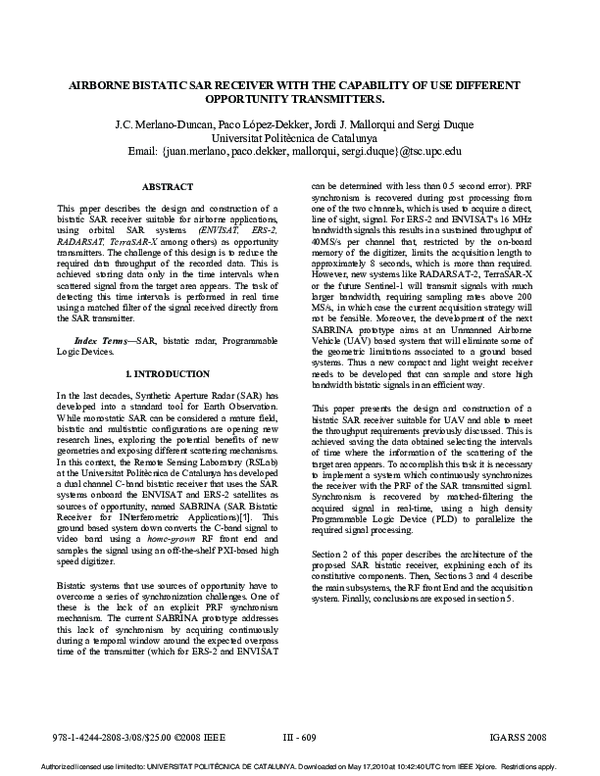 Pdf Airborne Bistatic Sar Receiver With The Capability Of Use Different Opportunity Transmitters