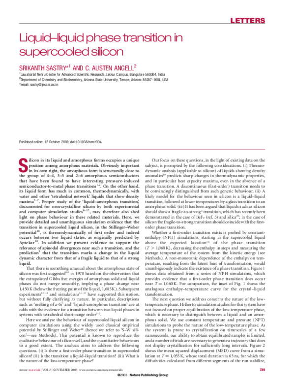 (PDF) Liquid–liquid phase transition in supercooled silicon