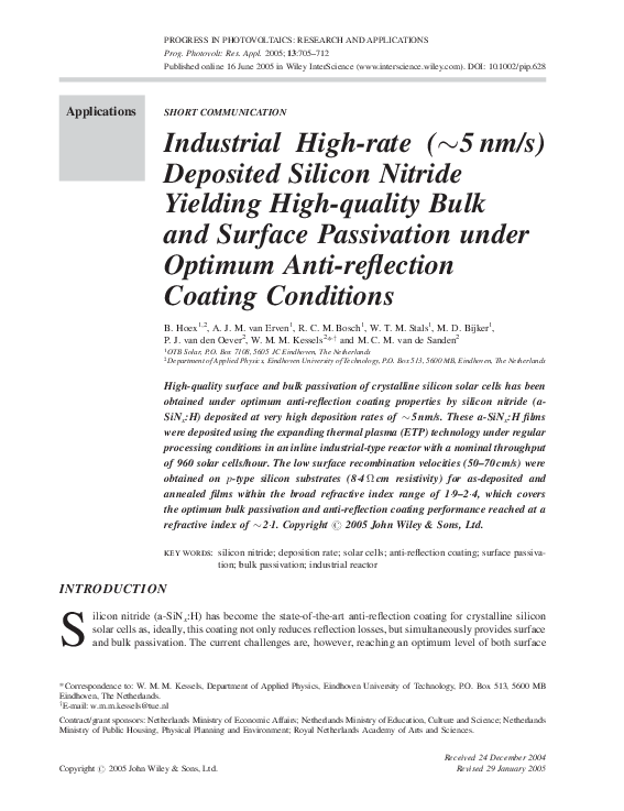 (PDF) Industrial high-rate (∼5 nm/s) deposited silicon nitride yielding high-quality bulk and ...