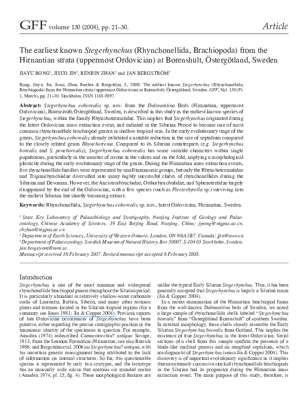 The earliest known Stegerhynchus (Rhynchonellida, Brachiopoda) from the ...