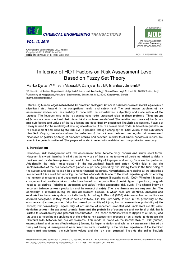 (PDF) Influence of HOT Factors on Risk Assessment Level Based on Fuzzy Set Theory