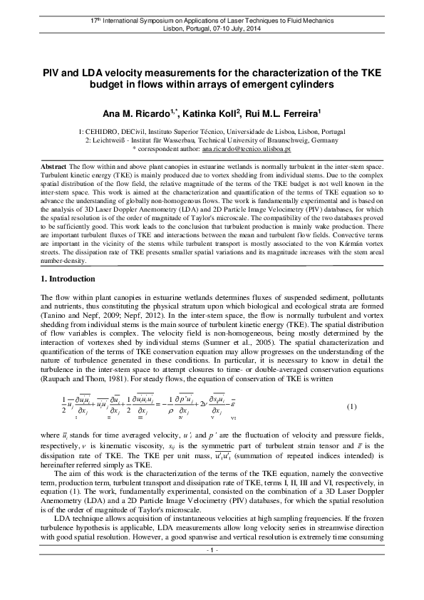 (PDF) PIV and LDA velocity measurements for the characterization of the TKE budget in flows ...