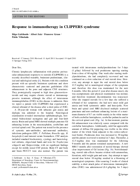 (PDF) Response to immunotherapy in CLIPPERS syndrome
