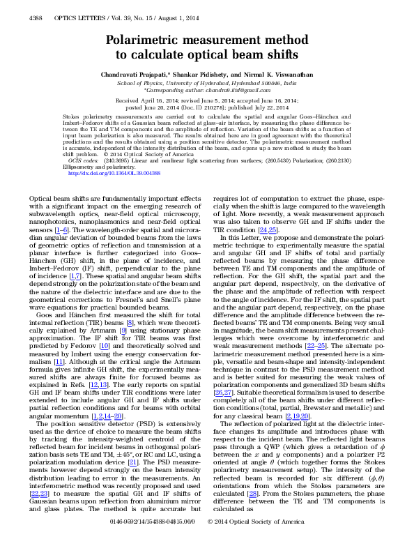 (PDF) Polarimetric measurement method to calculate optical beam shifts ...