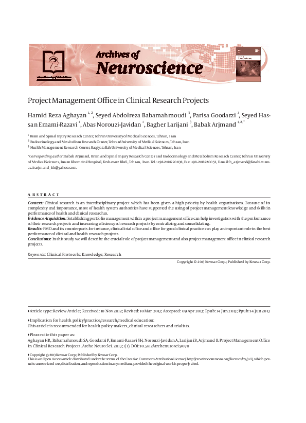 (PDF) Neuroscience Project Management Office in Clinical Research Projects