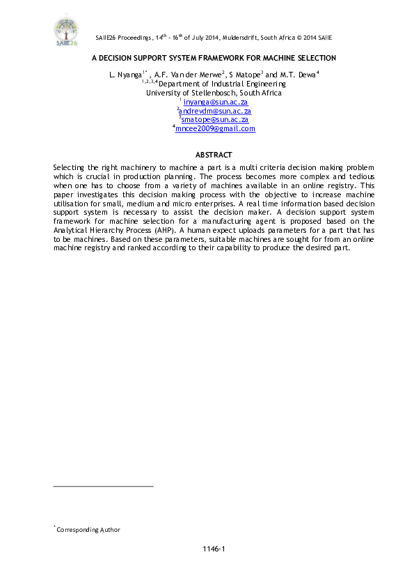 Pdf A Decision Support System Framework For Machine Selection