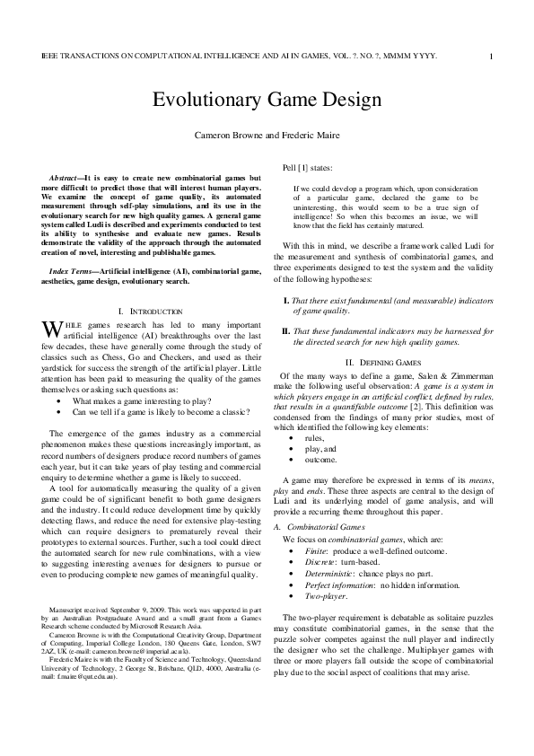 (PDF) Evolutionary Game Design