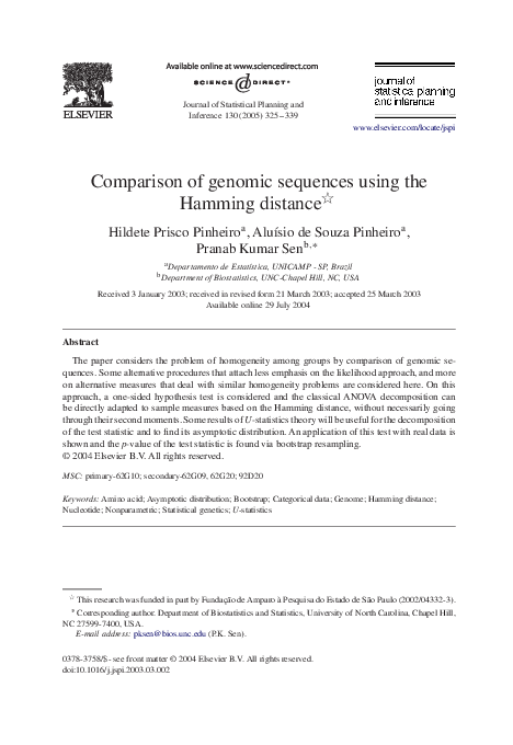 (PDF) Comparison of genomic sequences using the Hamming distance