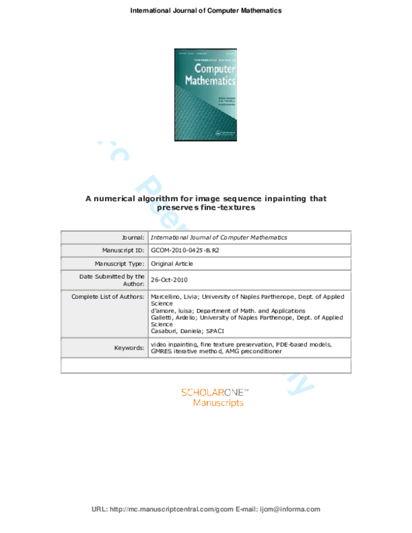 (PDF) A numerical algorithm for image sequence inpainting that ...