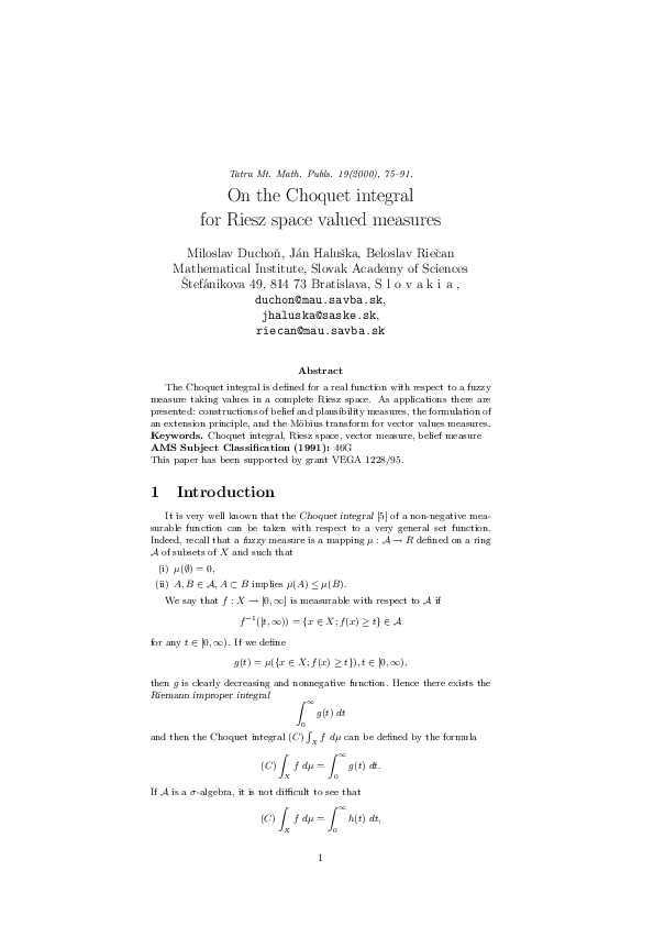 (PDF) On the Choquet integral for Riesz space valued measure