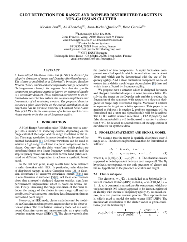 Pdf Glrt Subspace Detection For Range And Doppler Distributed Targets