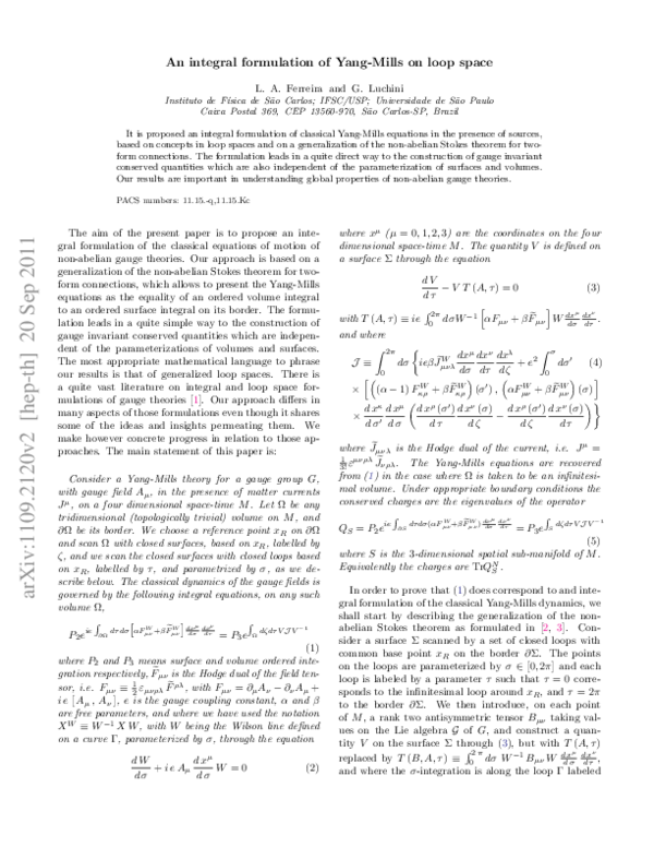 (PDF) An integral formulation of Yang-Mills on loop space