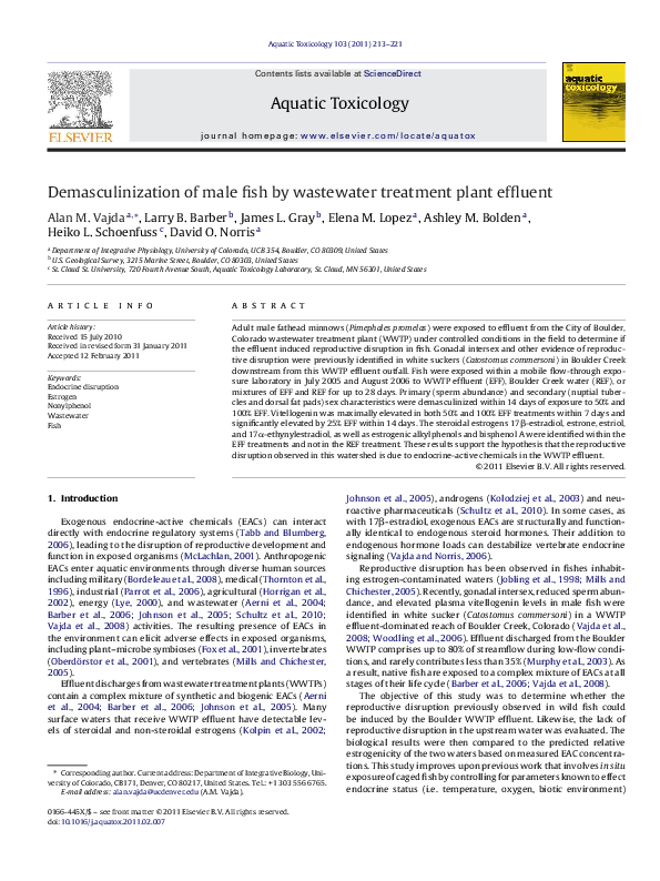 (PDF) Demasculinization of male fish by wastewater treatment plant effluent