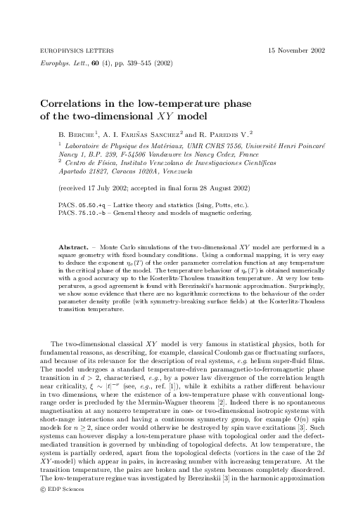 (PDF) Correlations in the low-temperature phase of the two-dimensional XY model
