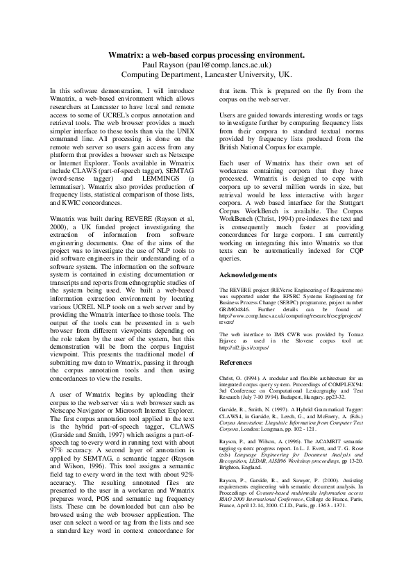 (PDF) Wmatrix: a web-based corpus processing environment
