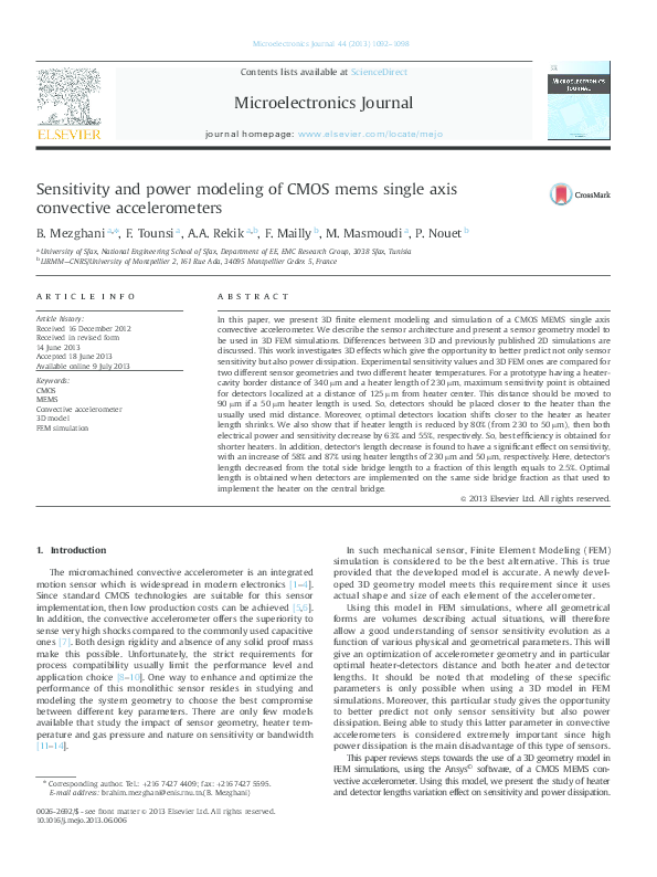 Pdf Sensitivity And Power Modeling Of Cmos Mems Single Axis Convective Accelerometers