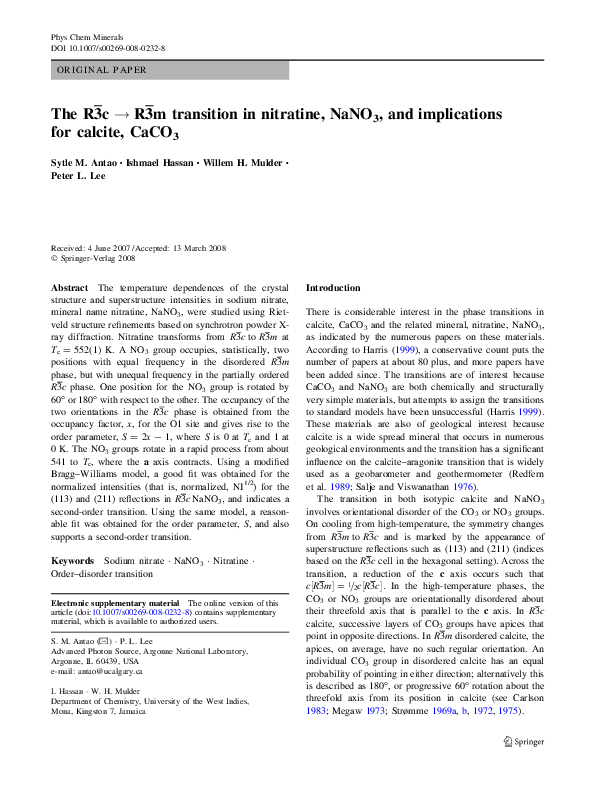 (PDF) The R{overline{3}} c to R{overline{3}} m transition in nitratine, NaNO3, and implications ...