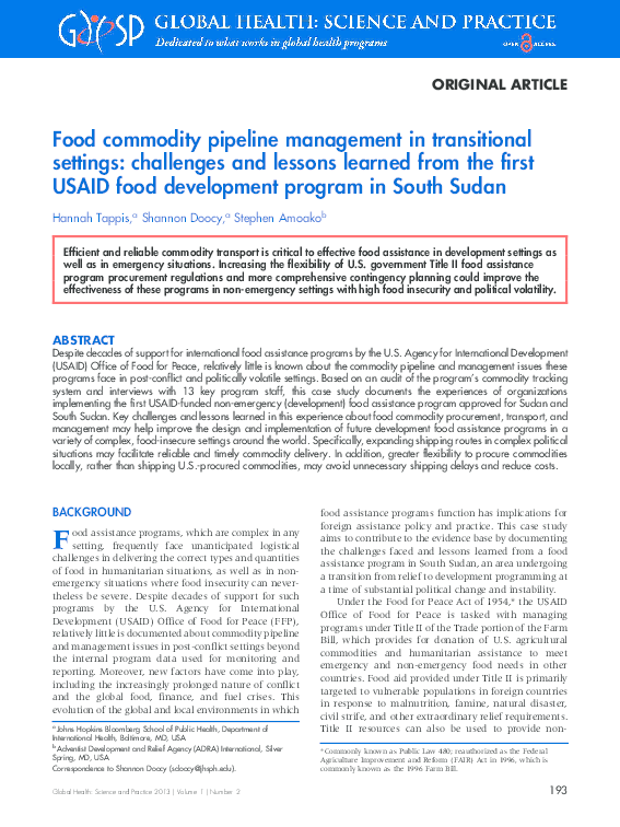 (PDF) Food commodity pipeline management in transitional settings ...
