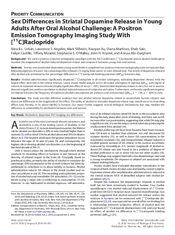 Pdf Sex Differences In Striatal Dopamine Release In Young Adults