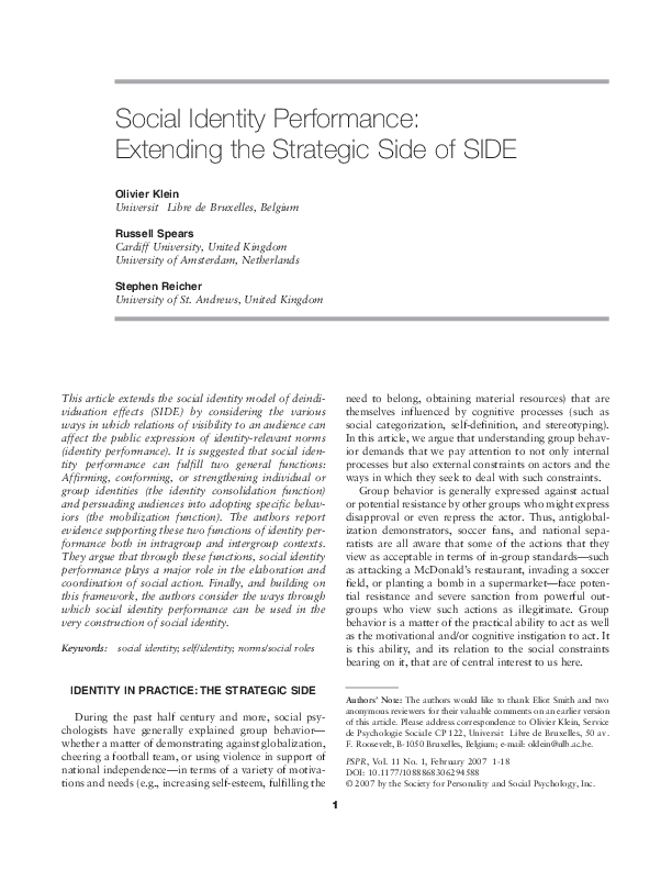 (PDF) Social Identity Performance: Extending the Strategic Side of SIDE