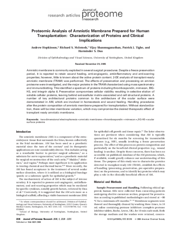 (PDF) Proteomic Analysis of Amniotic Membrane Prepared for Human ...