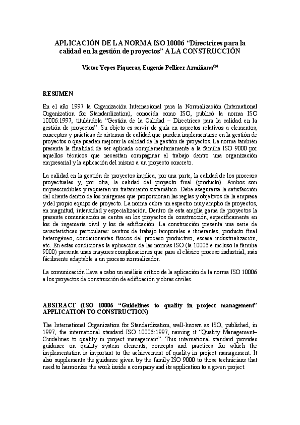 (PDF) APLICACIÓN DE LA NORMA ISO 10006 "Directrices para la calidad en la gestión de proyectos ...