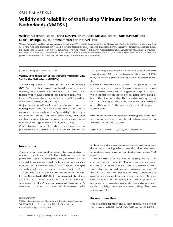 (PDF) Validity and reliability of the Nursing Minimum Data Set for the ...