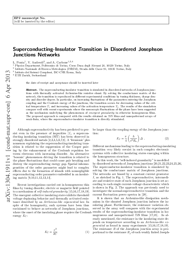 Pdf Superconducting Insulator Transition In Disordered Josephson Junctions Networks