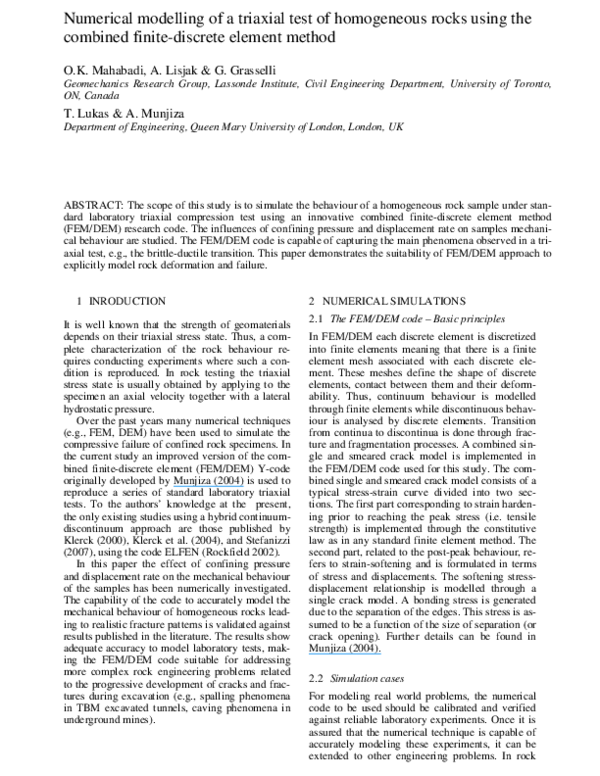 Pdf 5 Numerical Modelling Of A Triaxial Test Using The Combined Finite Discrete Element Method