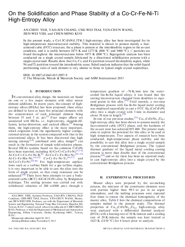 (PDF) On the Solidification and Phase Stability of a Co-Cr-Fe-Ni-Ti High-Entropy Alloy