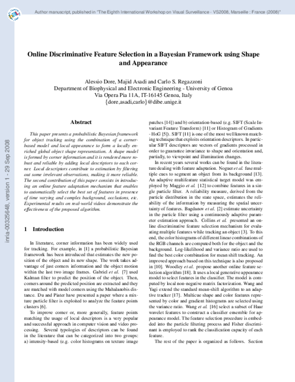Pdf Online Discriminative Feature Selection In A Bayesian Framework Using Shape And Appearance