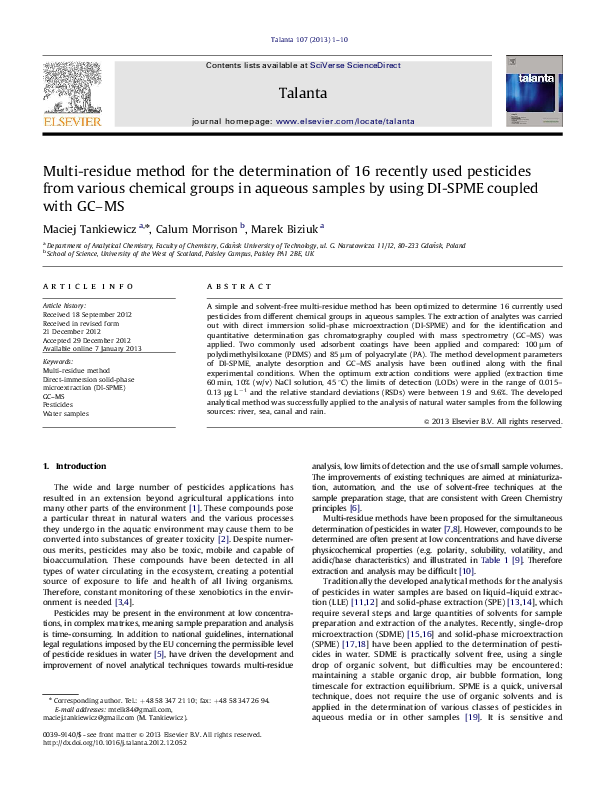 (PDF) Multi-residue method for the determination of 16 recently used pesticides from various ...
