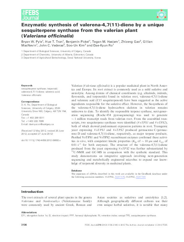 (PDF) Enzymatic synthesis of valerena-4,7(11)-diene by a unique ...