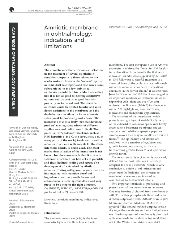 (PDF) Amniotic membrane in ophthalmology: indications and limitations