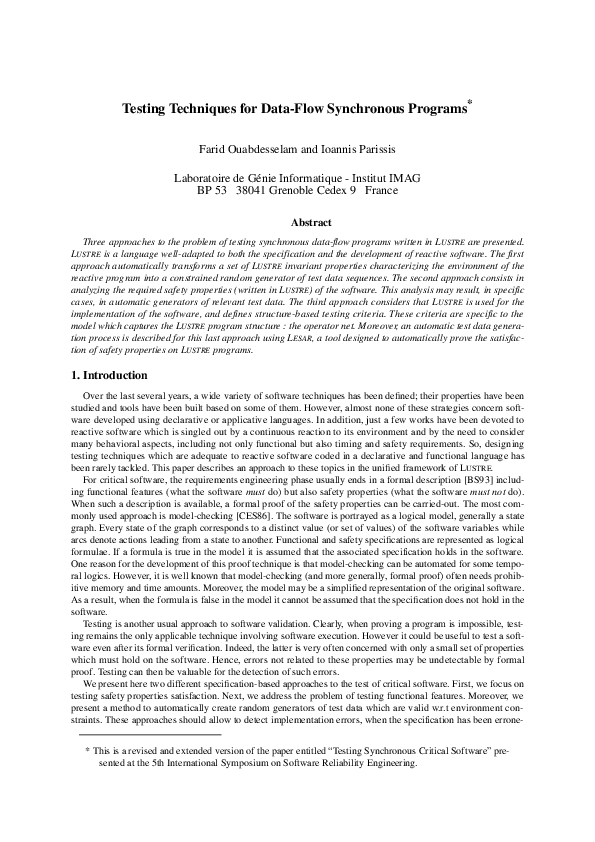 Pdf Testing Techniques For Data Flow Synchronous Programs