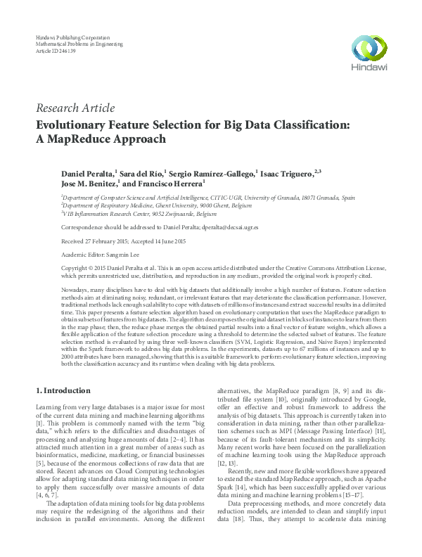 Pdf Evolutionary Feature Selection For Big Data Classification A Mapreduce Approach