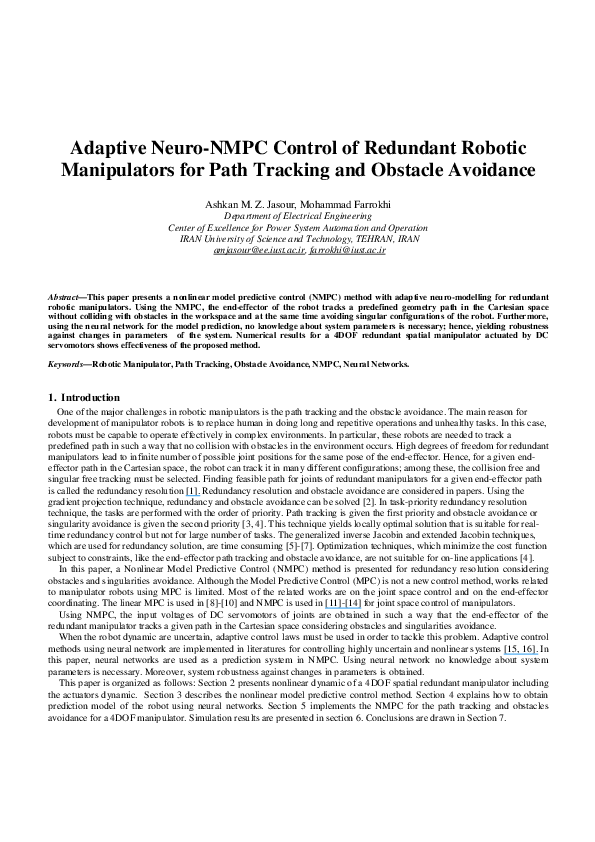 (PDF) Adaptive neuro-NMPC control of redundant robotic manipulators for path tracking and ...