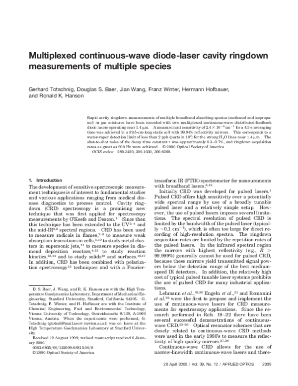 (PDF) Multiplexed continuous-wave diode-laser cavity ringdown measurements of multiple species