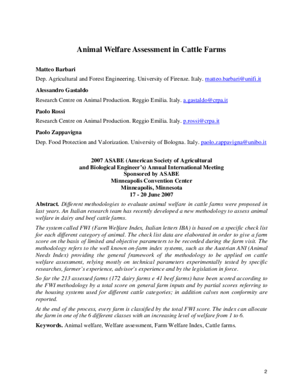 (PDF) Animal Welfare Assessment in Cattle Farms